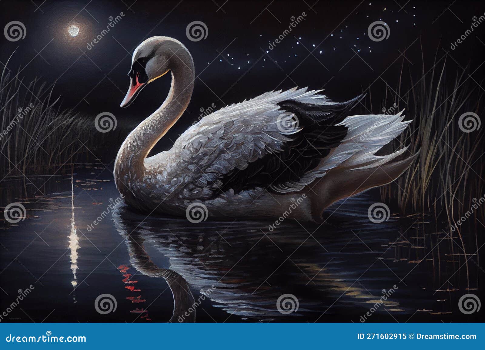 A Lone Swan Swims in a Pond Under the Moonlight. AI Generated Stock ...
