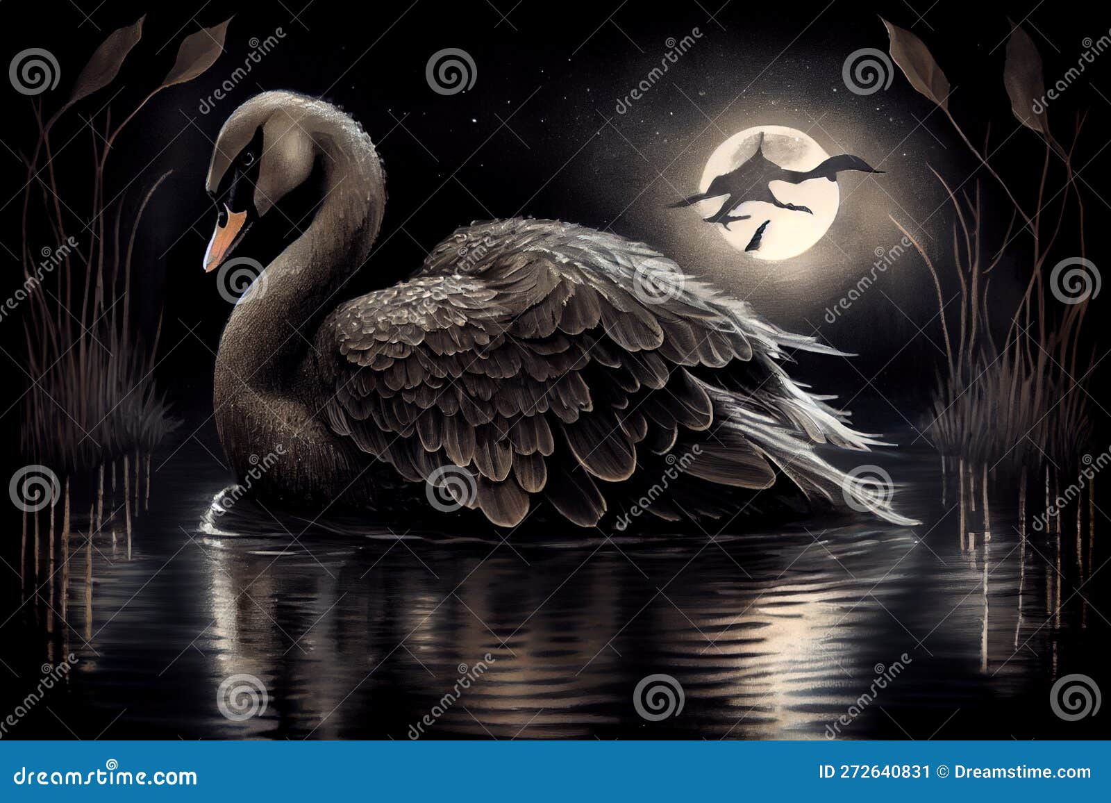 A Lone Swan Swims in a Pond Under the Moonlight. AI Generated Stock ...