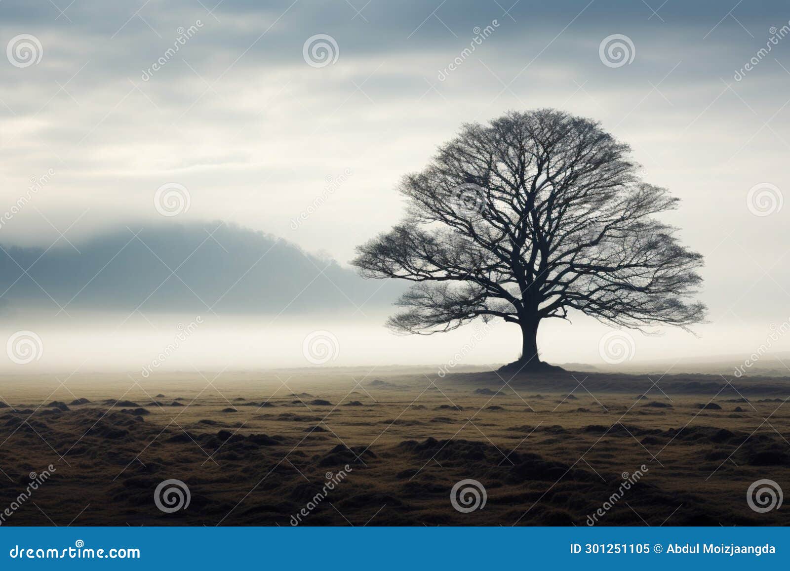Lone Tree Emerges Gracefully from the Mist in an Open Field Stock ...
