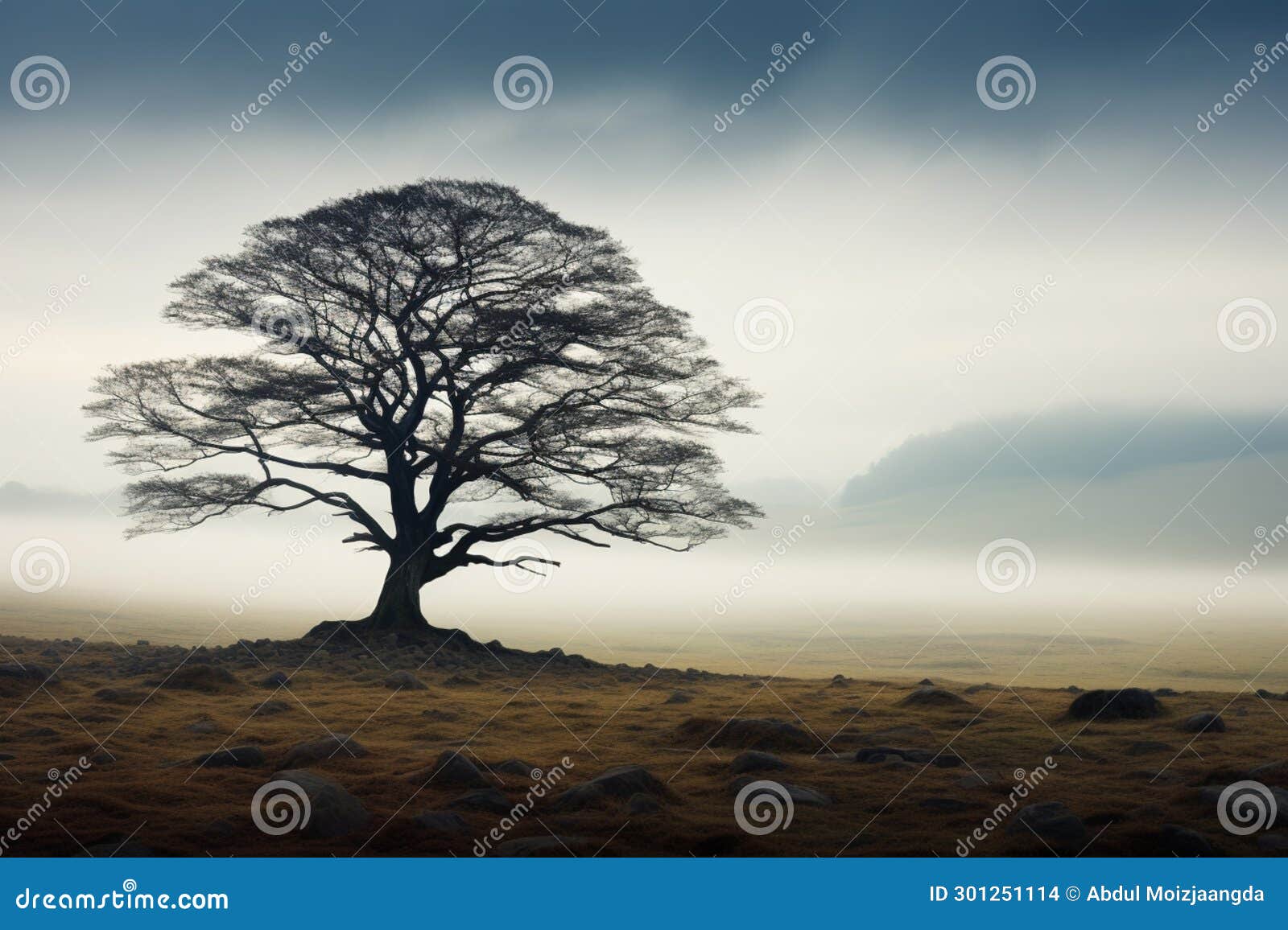 Lone Tree Emerges Gracefully from the Mist in an Open Field Stock ...