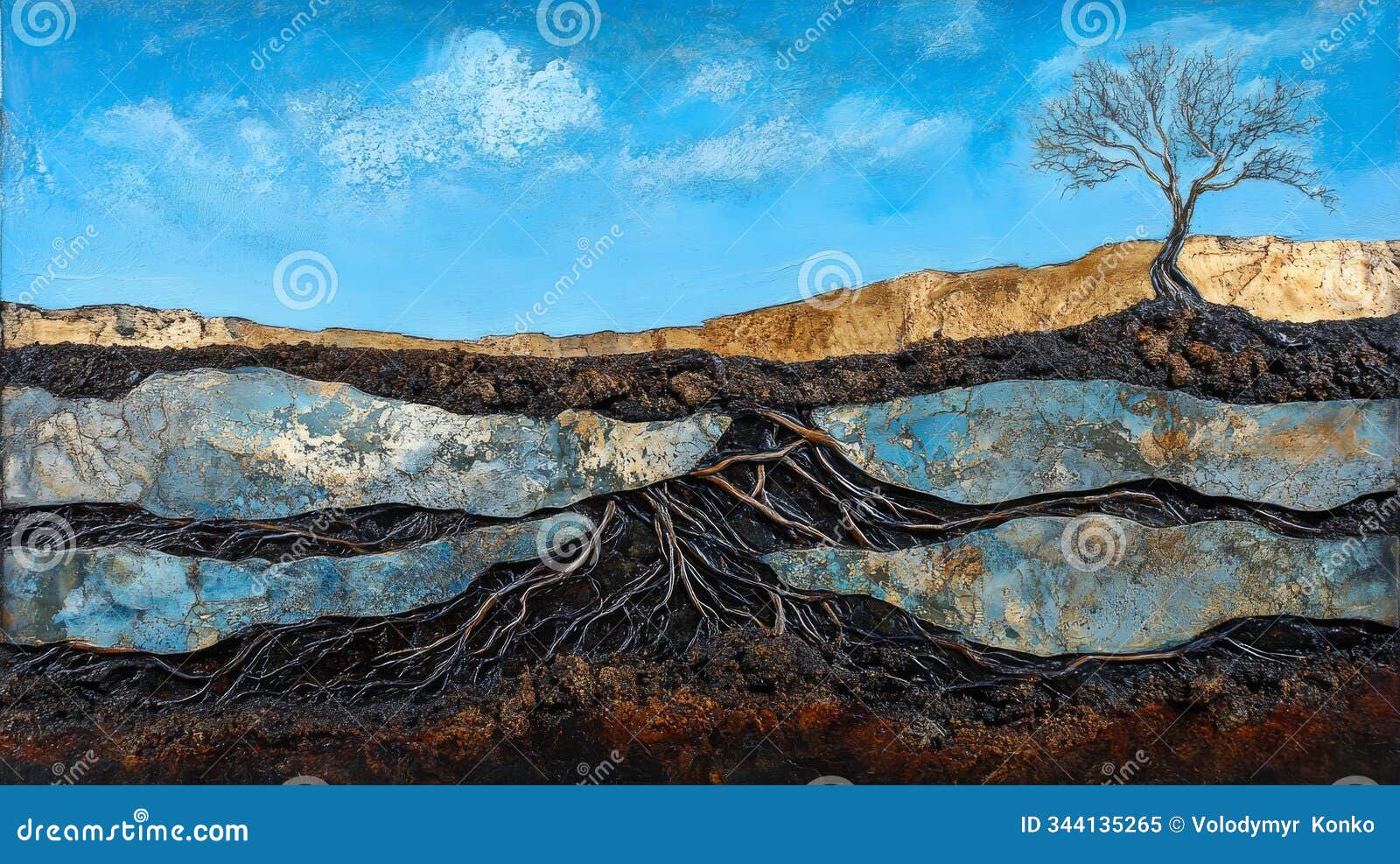 Lone Tree with Extensive Root System in Cross-section Under Blue Sky ...