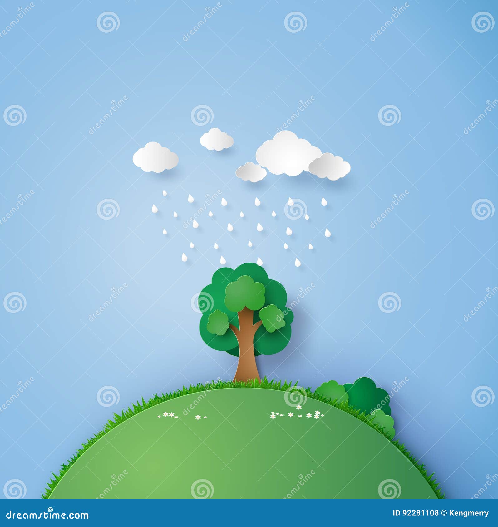 A Lone Tree in the Field with the Rain and Cloud. Stock Vector ...