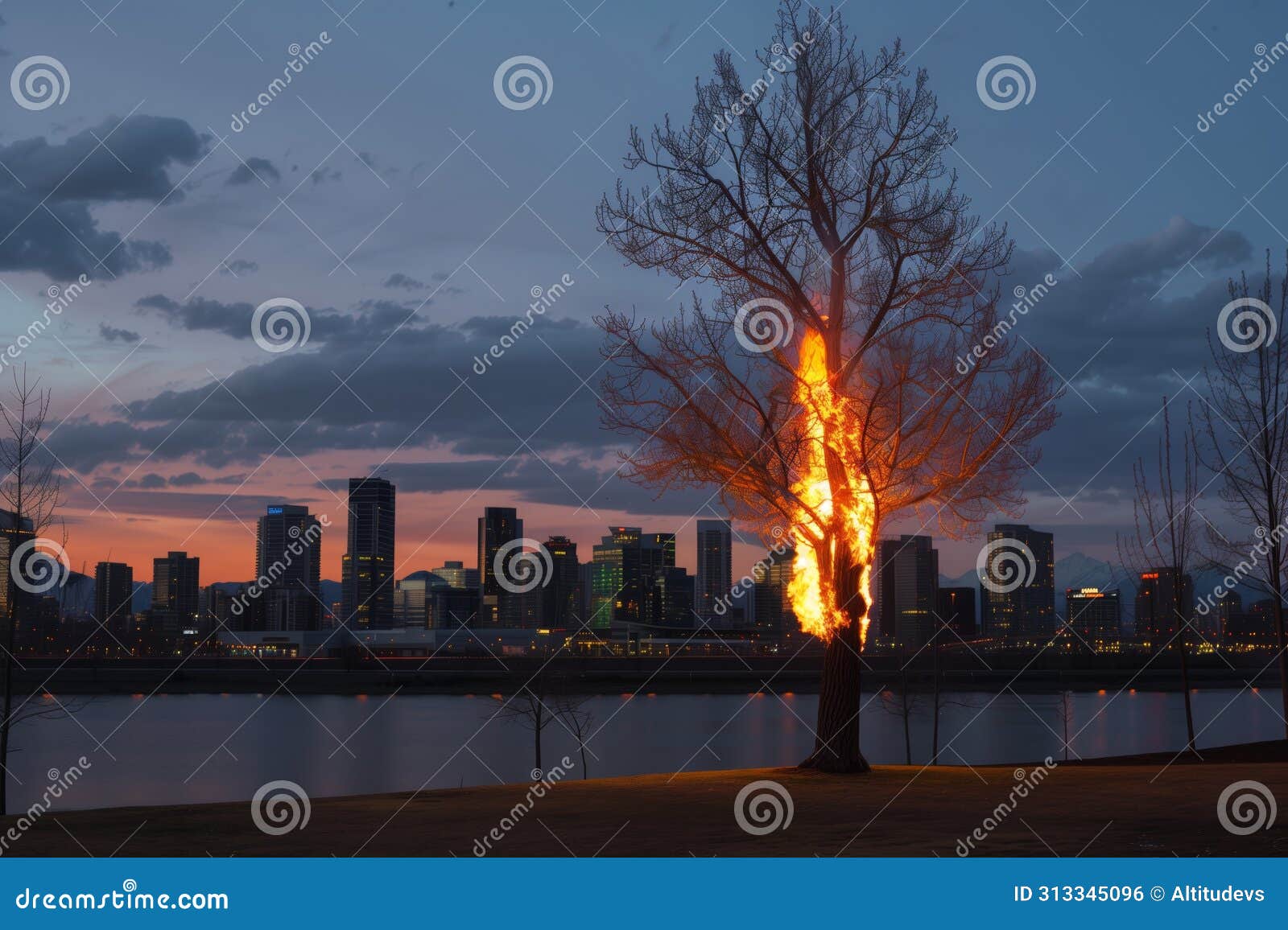 Lone Tree on Fire, City Skyline in the Background Stock Photo - Image ...
