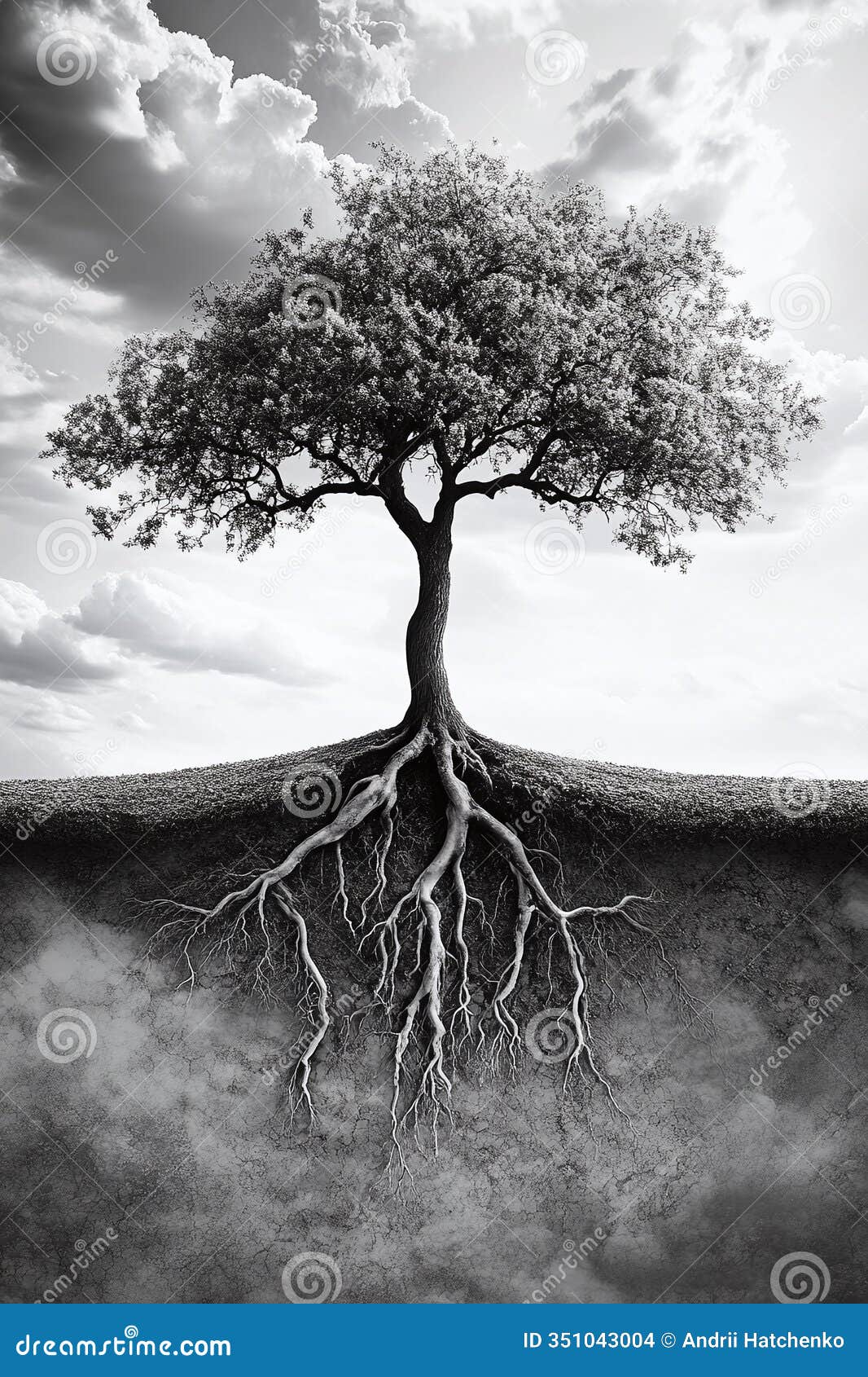 A Lone Tree Growing Upside Down from the Sky with Roots Reaching Toward ...
