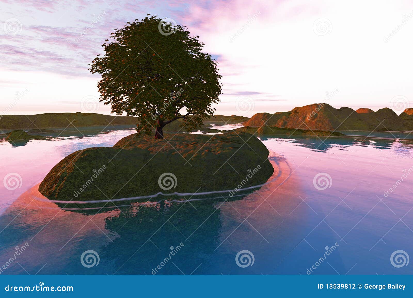 Lone tree on Island stock illustration. Illustration of reflections ...