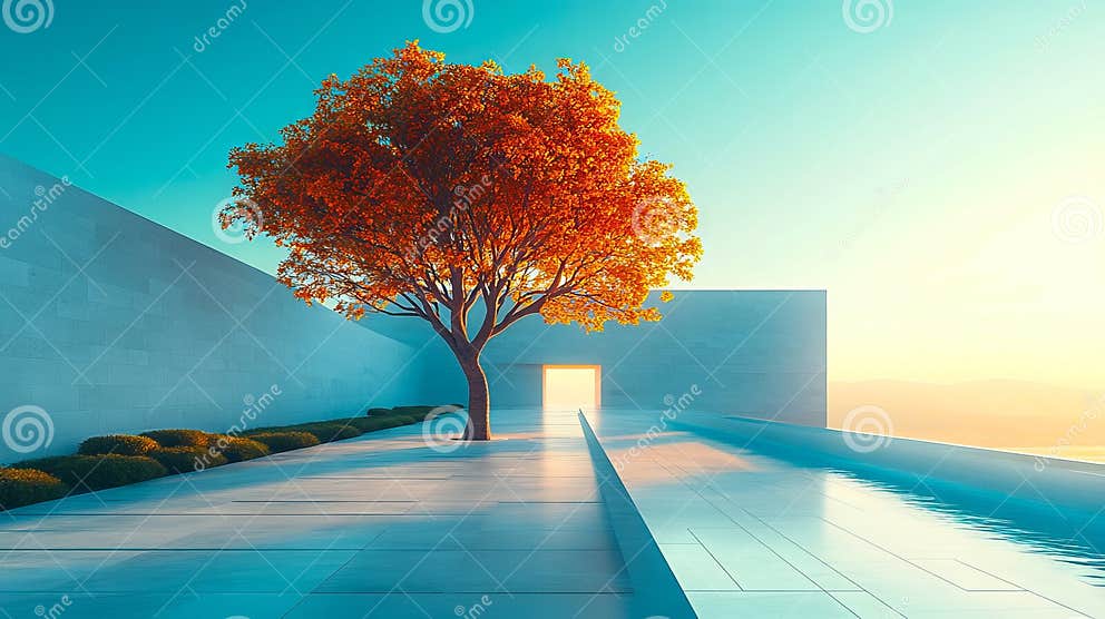 A Lone Tree in the Middle of a Concrete Walkway Next To a Pool Stock ...