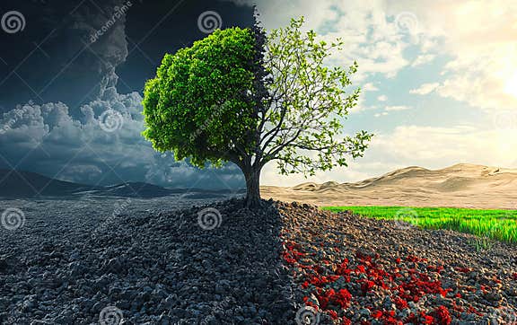 A Lone Tree in the Middle of a Field of Red Flowers Stock Image - Image ...