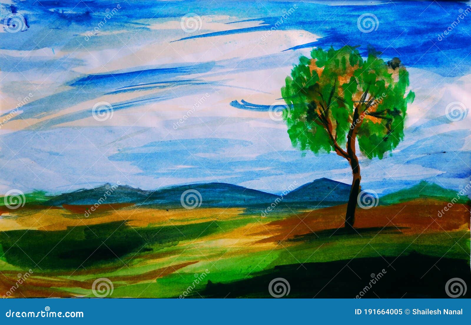 Lone Tree and a Mountain Landscape Stock Illustration - Illustration of ...