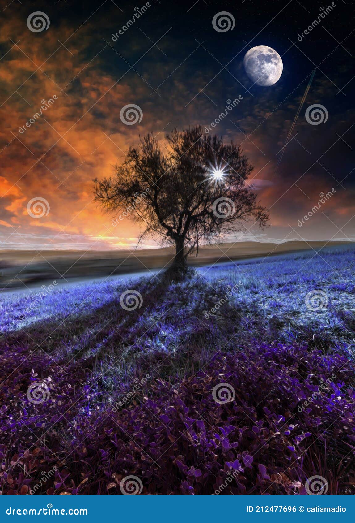 Lone Tree Night Fantasy Landscape Stock Photo - Image of lone, magic ...
