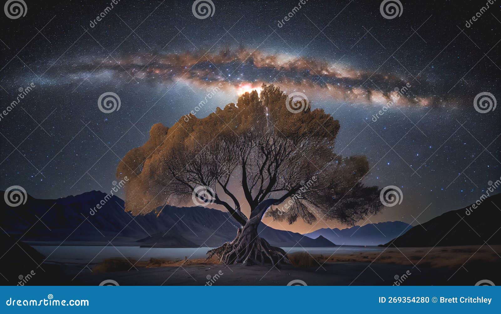 Lone Tree at Night Under the Milky Way Stock Illustration ...