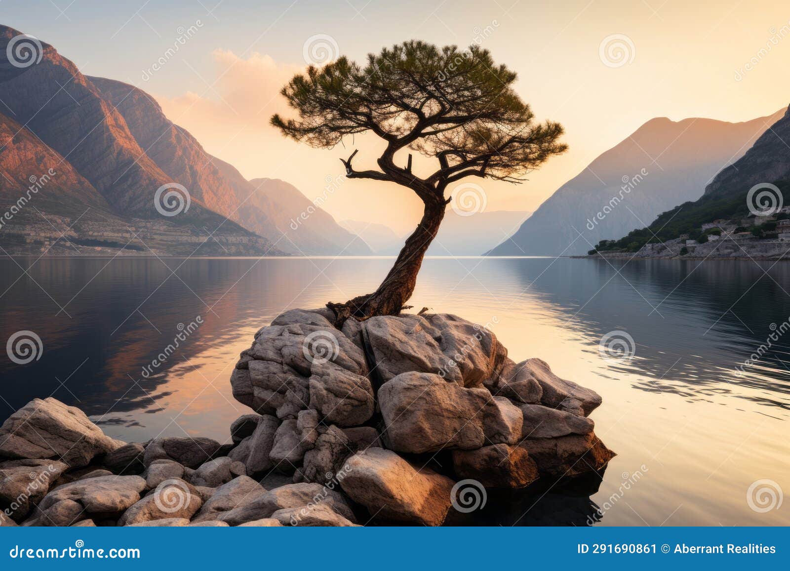 A Lone Tree on a Rock in the Middle of a Lake with Mountains in the ...