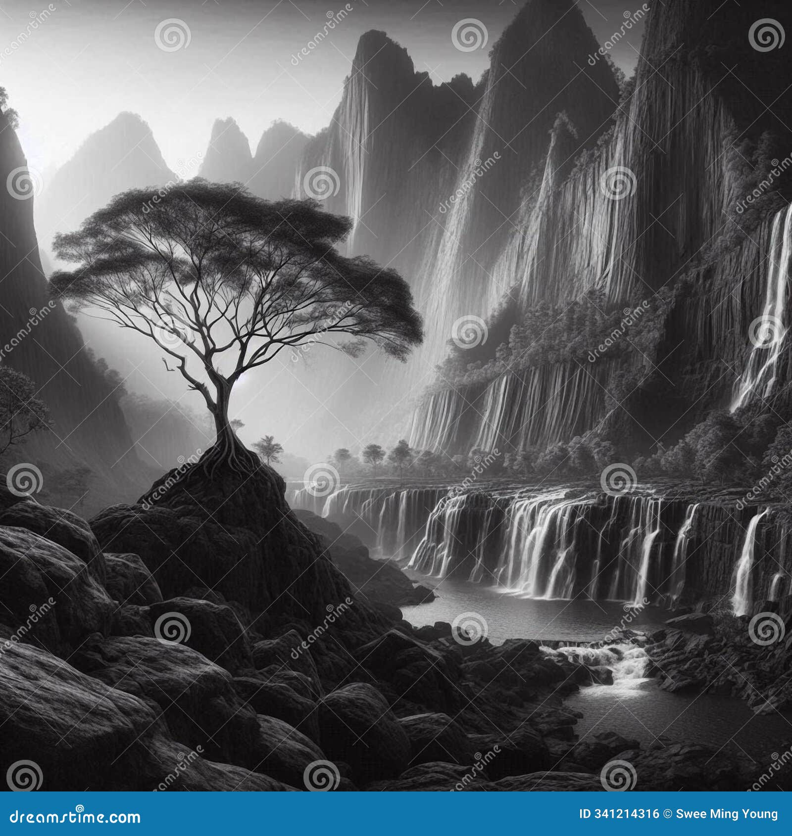A Lone Tree that Sits on the Edge of a Rocky Cliff with Waterfall ...