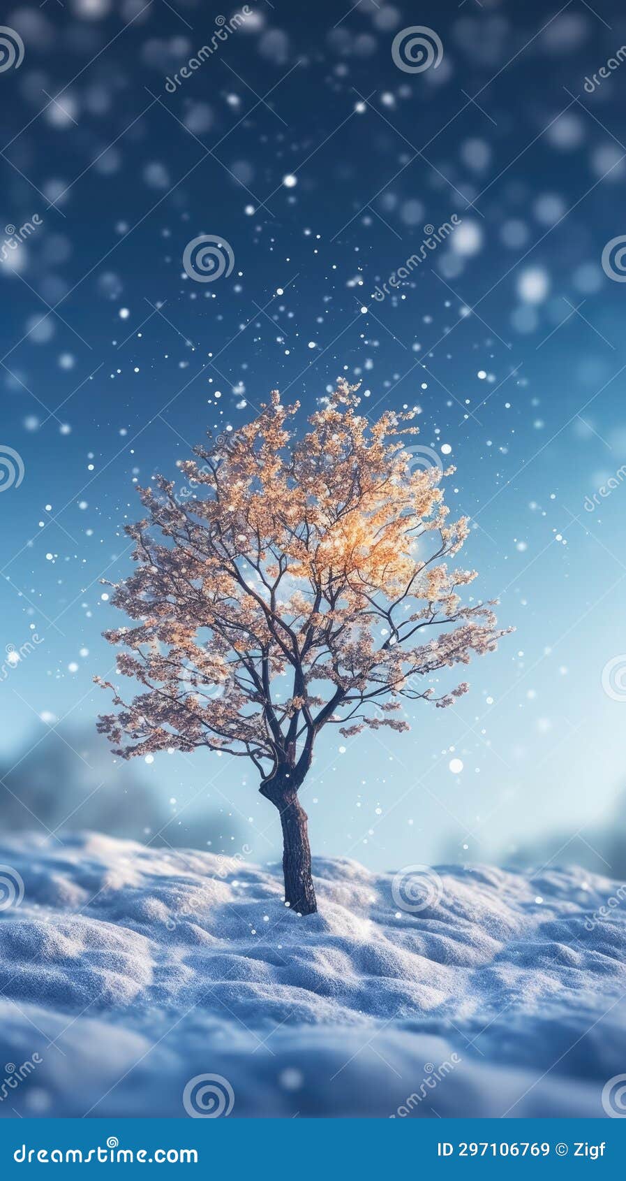 Lone Tree in the Snow with Snow Falling Around it Stock Illustration ...