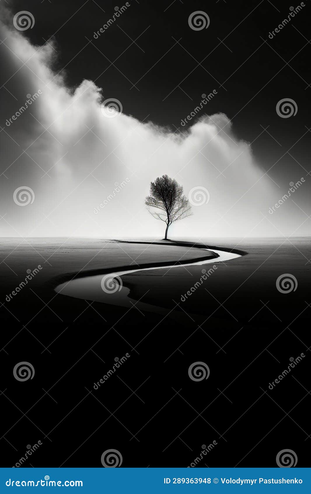 Lone Tree Stands Alone in Field with Stream. Generative AI Stock Photo ...