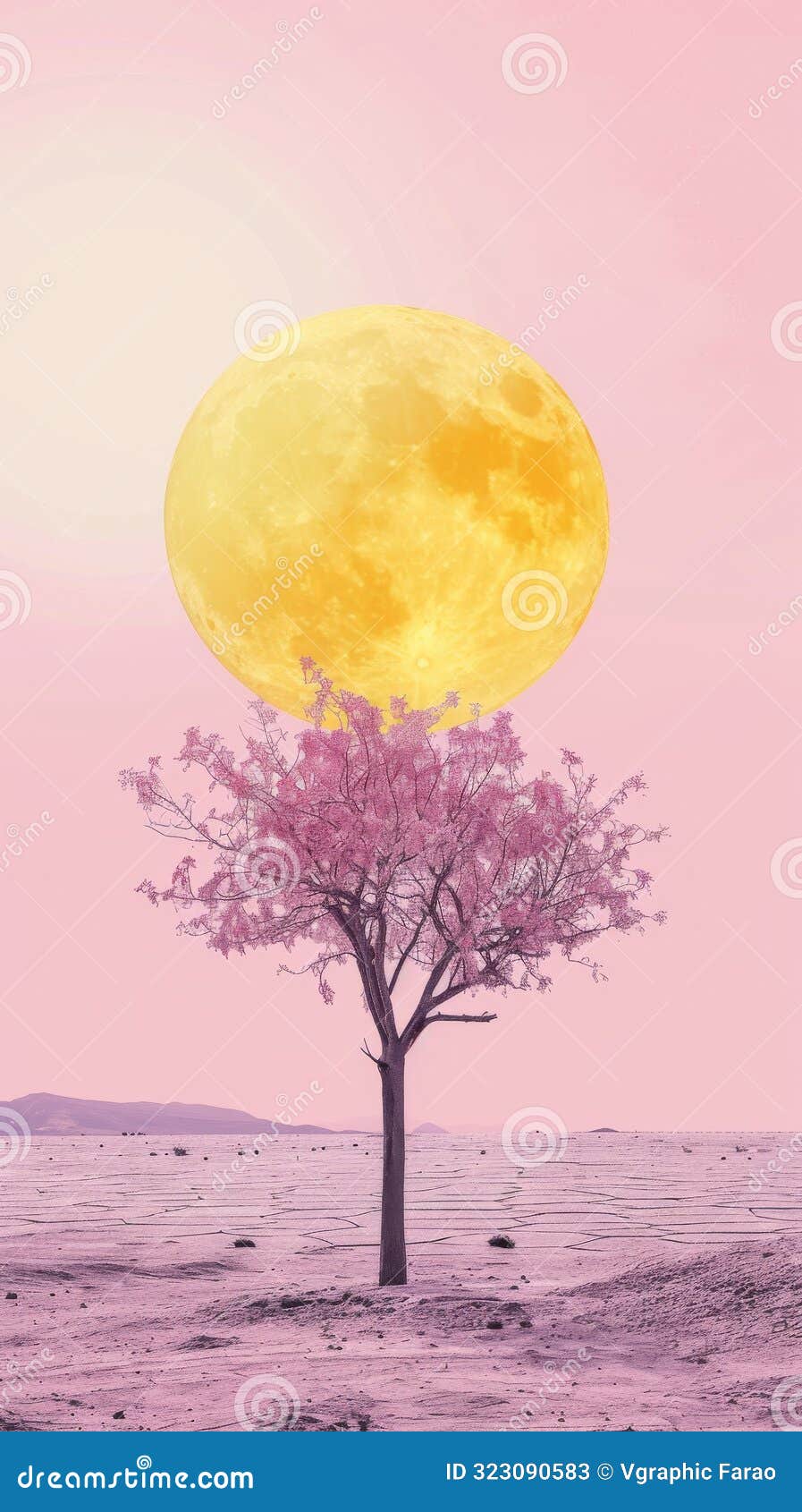 Lone Tree in Surreal Desert Landscape with Full Moon and Pink Sky Stock ...
