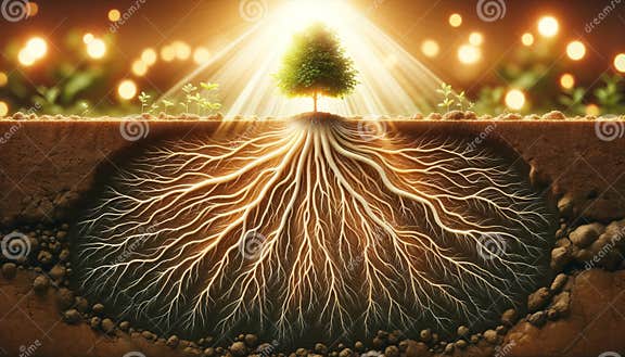Lone Tree with a Vivid Root System Under the Soil, Basking in Sunlight ...