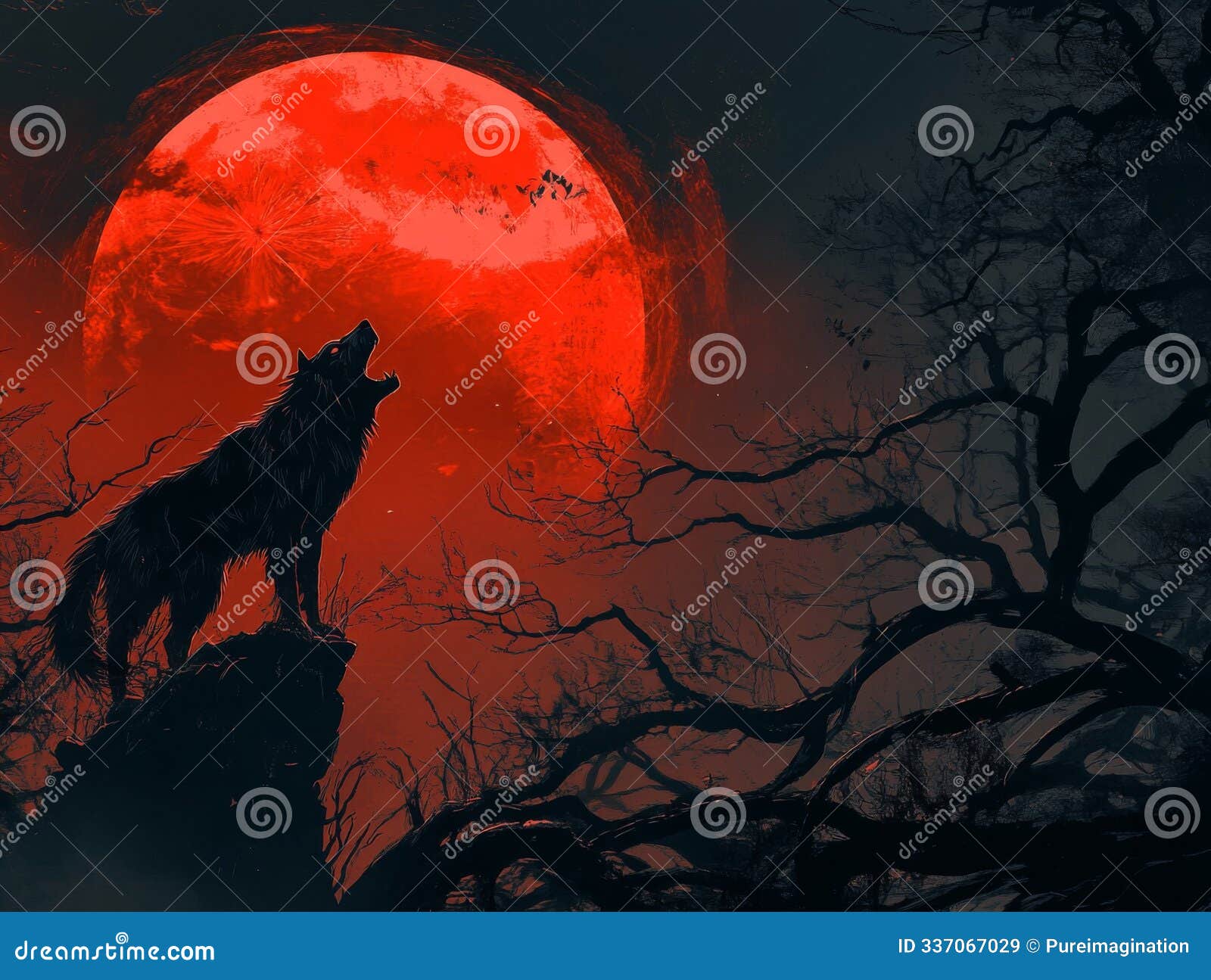 A Lone Wolf Howling at a Blood Red Moon in a Dark Forest Stock ...