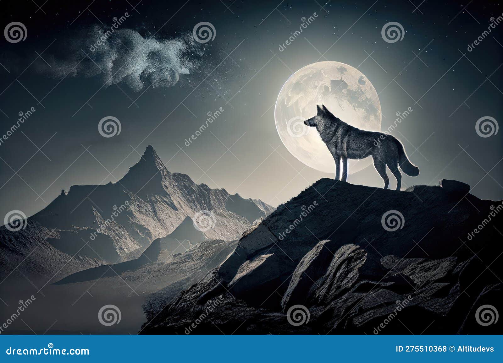 Lone Wolf Howling in the Moonlight on a Mountain Peak Stock ...