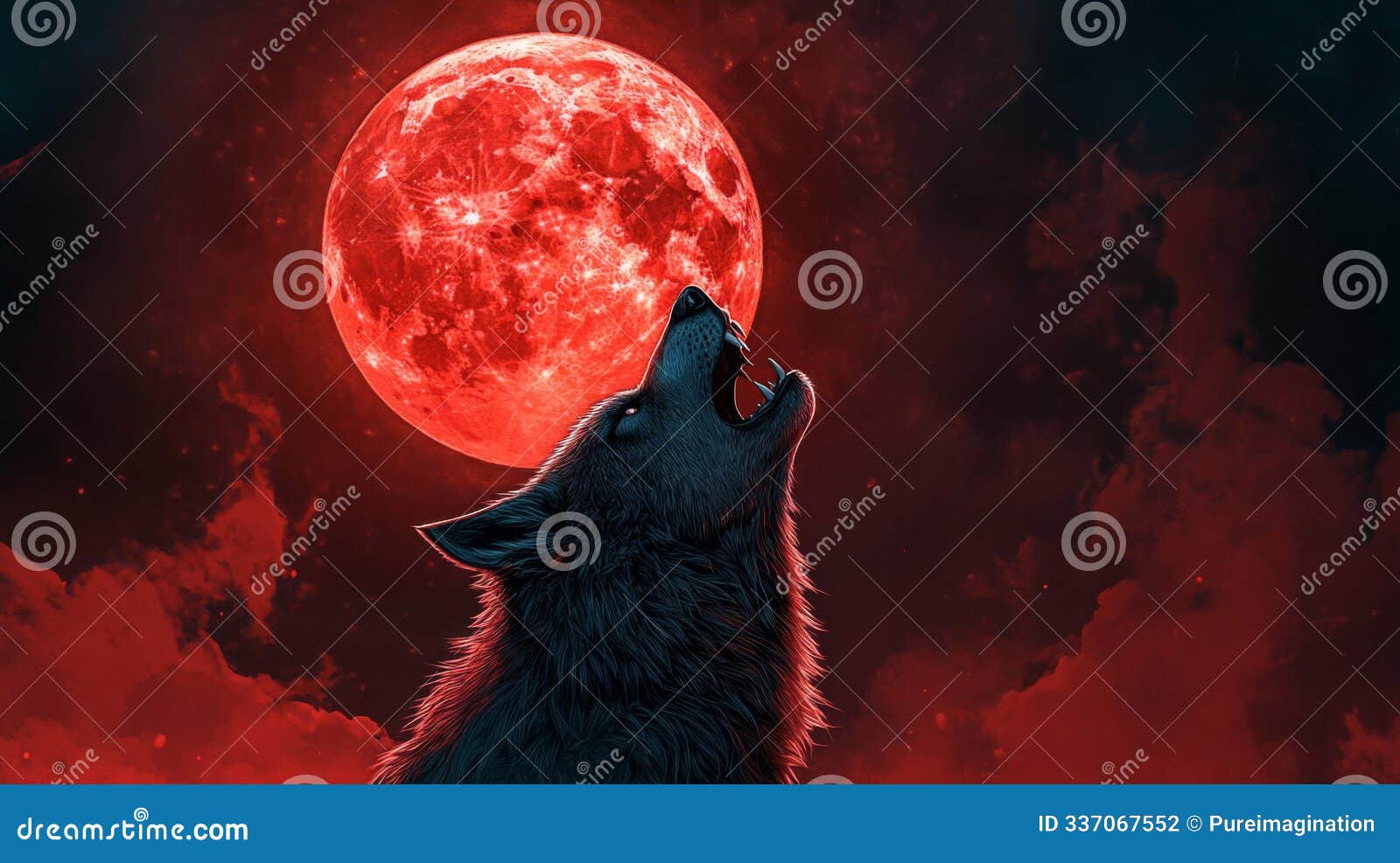 A Lone Wolf Howling at a Red, Full Moon in a Dark Sky Stock ...