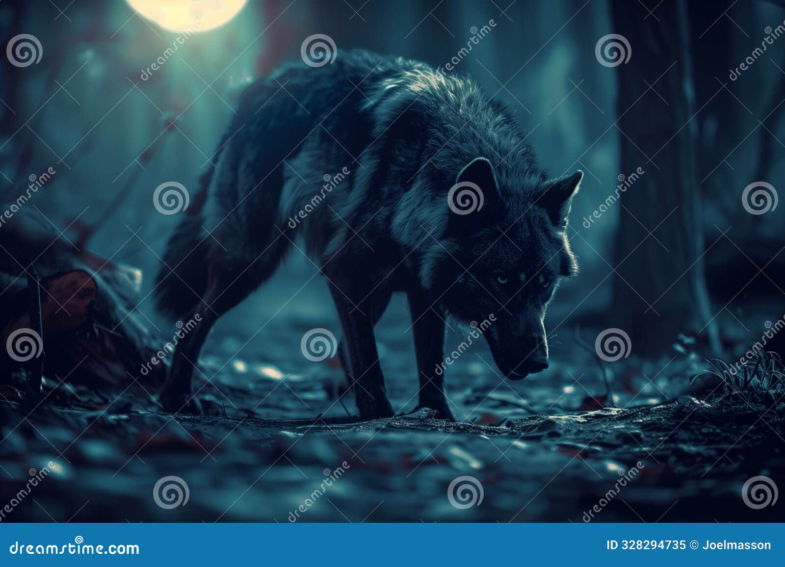 Lone Wolf Silhouette in the Deep Dark Woods at Night Stock Illustration ...