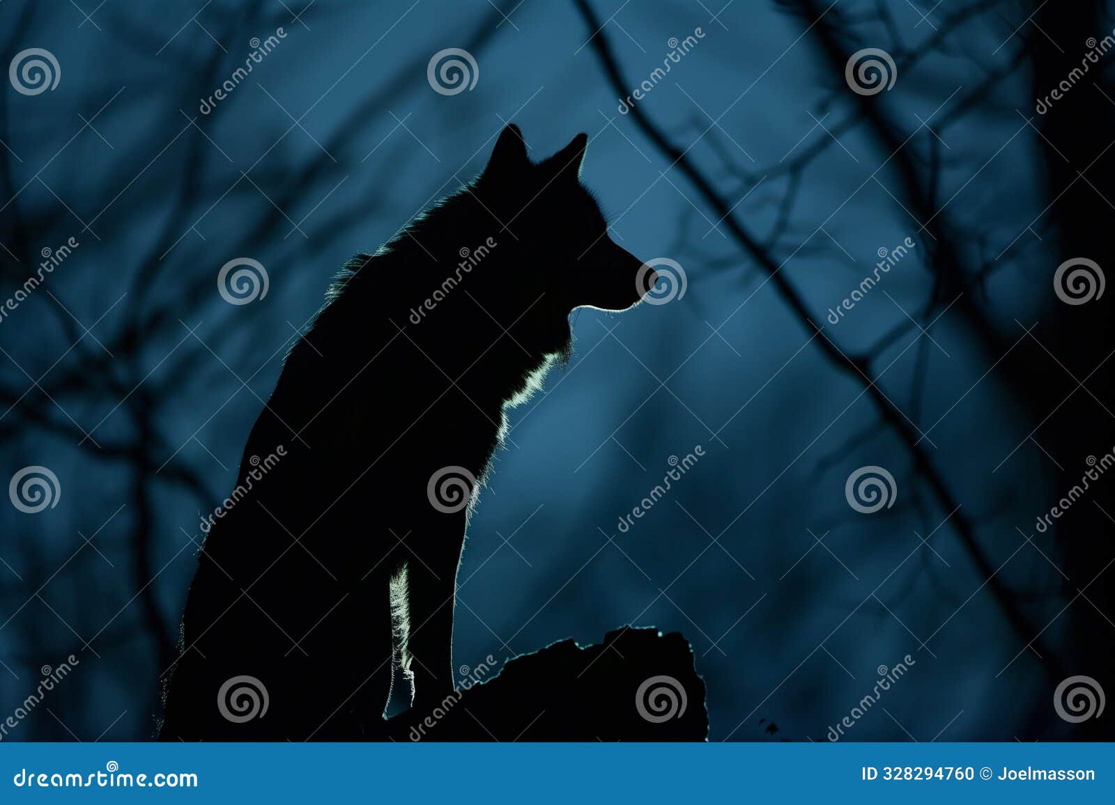 Lone Wolf Silhouette in the Deep Dark Woods at Night Stock Illustration ...