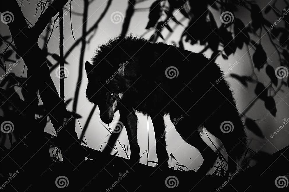 Lone Wolf Silhouette in the Deep Dark Woods at Night Stock Illustration ...