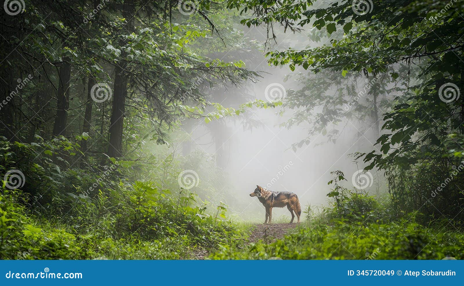 Lone Wolf Standing in a Misty Forest Path Stock Image - Image of ...