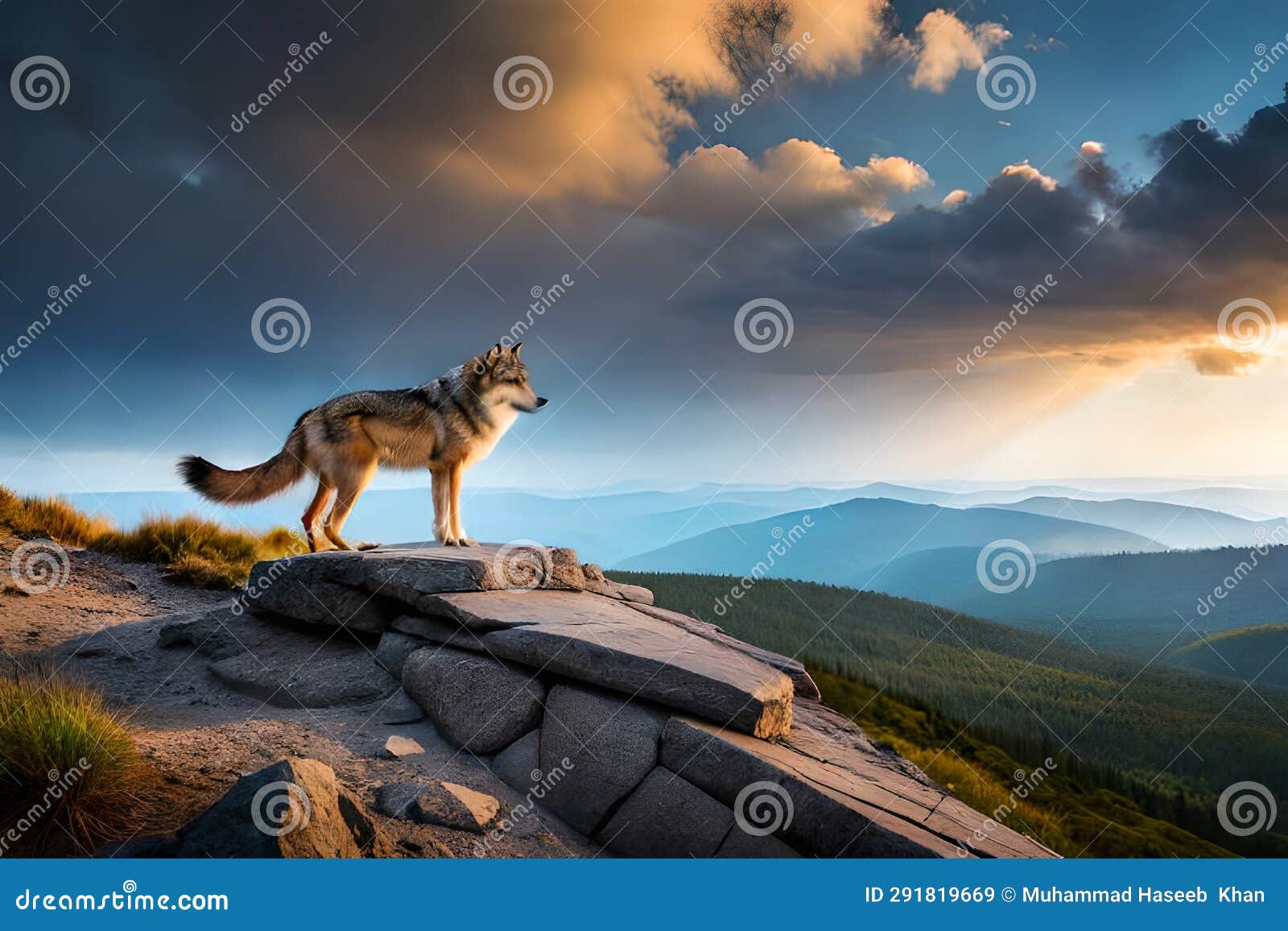 A Lone Wolf Standing on a Rocky Ledge Overlooking a Vast, Untouched ...