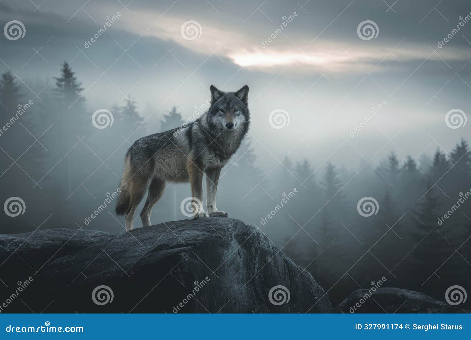 A Lone Wolf Standing on Top of a Rock in the Fog, AI Stock Photo ...