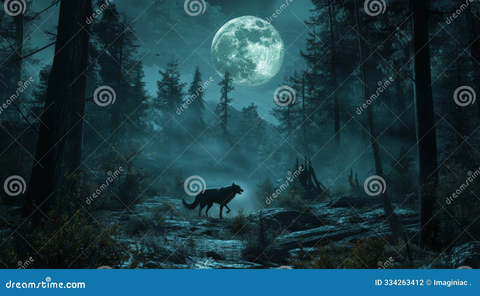 Lone Wolf Under a Full Moon in a Mystical Forest Stock Illustration ...