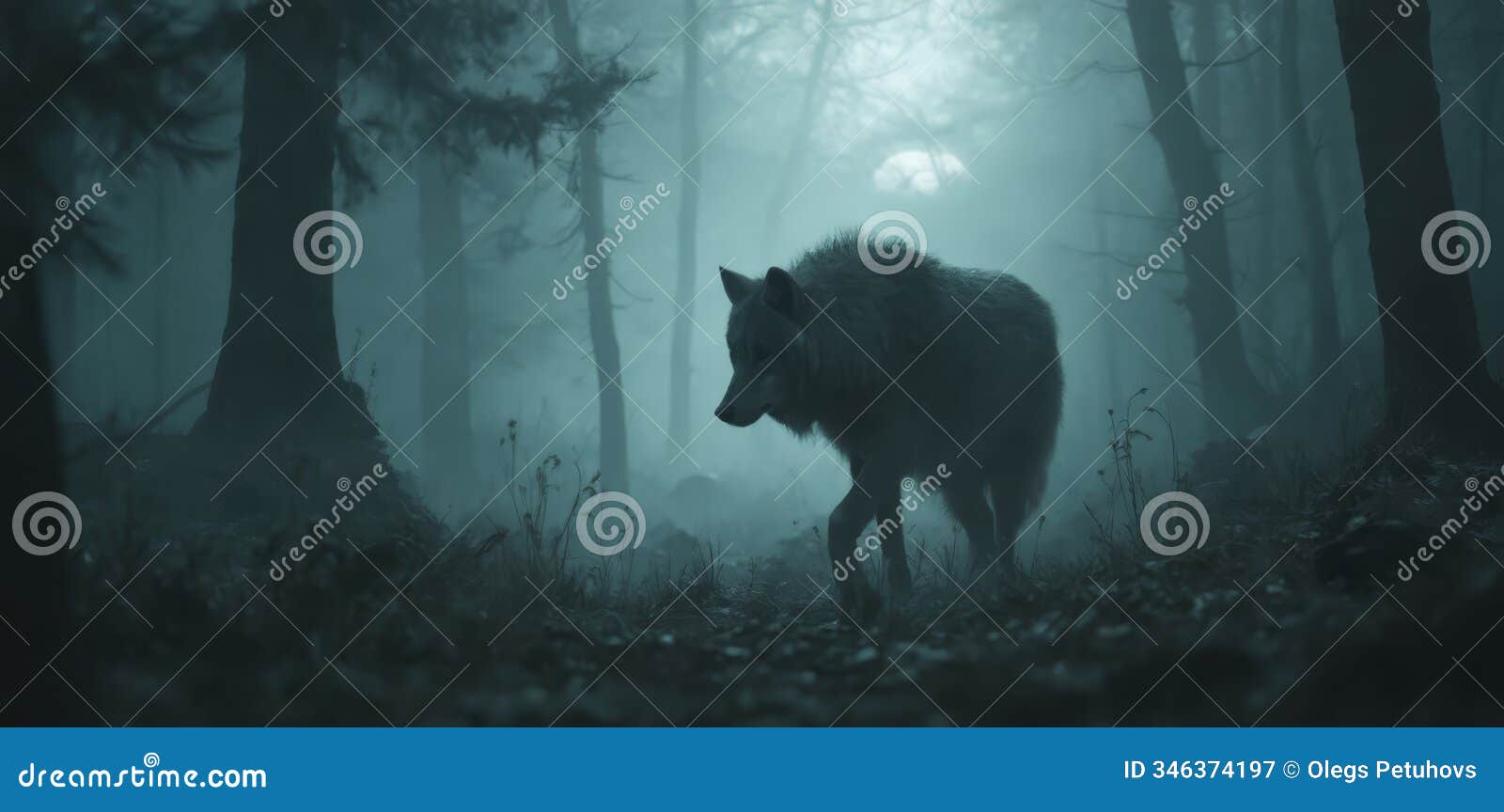 A Lone Wolf Walking through a Dark Forest in the Fog Stock Image ...