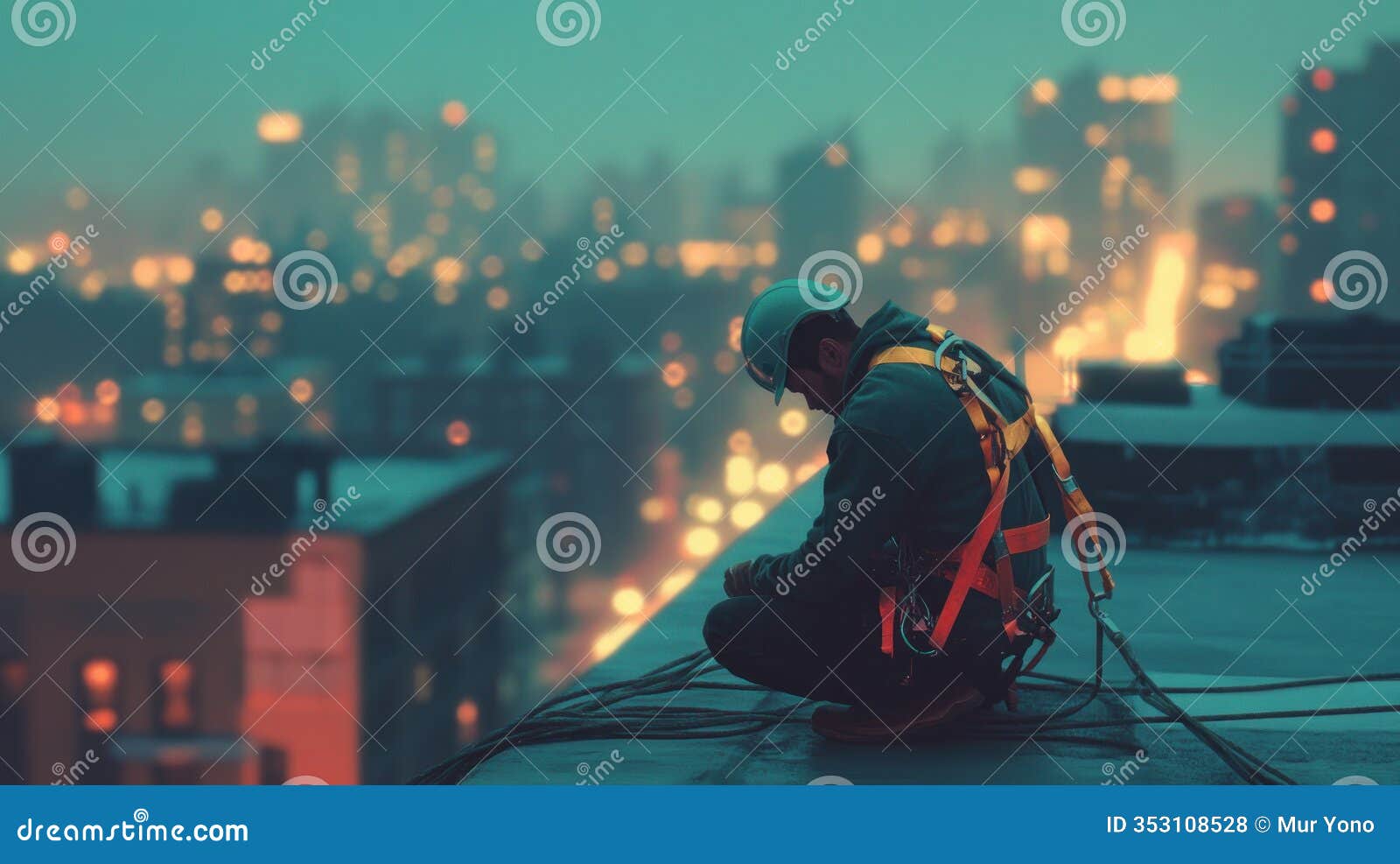 Lone Worker Sits on Rooftop Overlooking City at Night Stock Photo ...