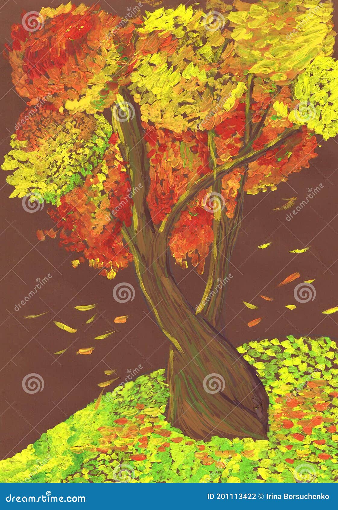 Lonely Autumn Tree Using Pointillism Technique. Child`s Drawing Stock ...