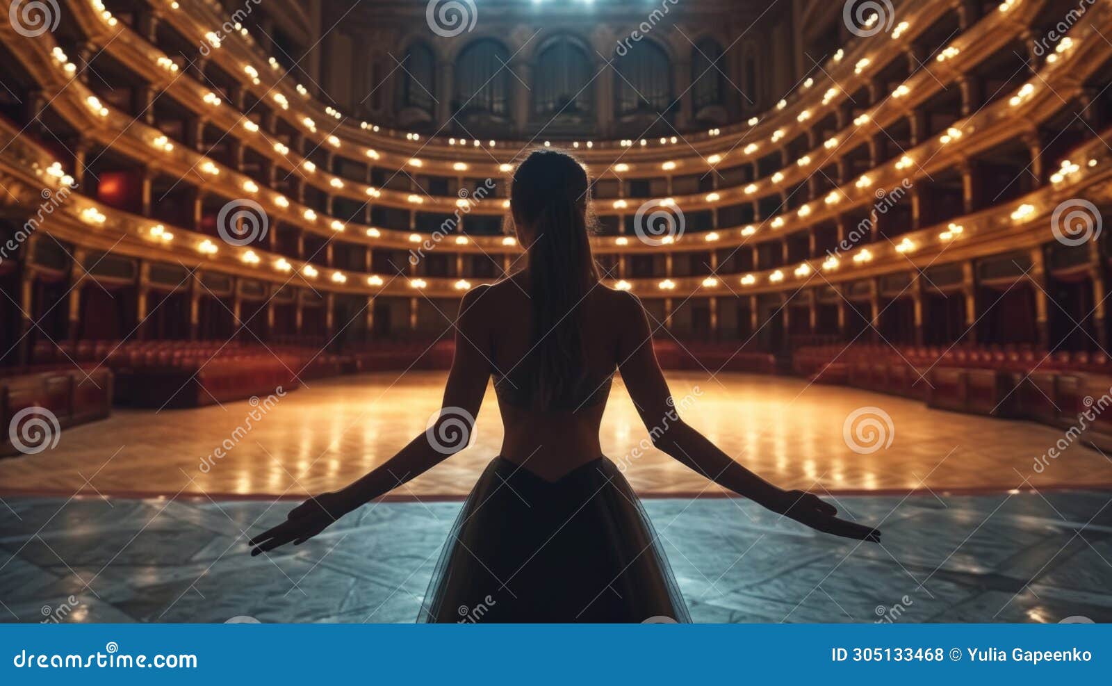 Lonely Ballerina Training Alone on the Stage of a Large Opera House in ...