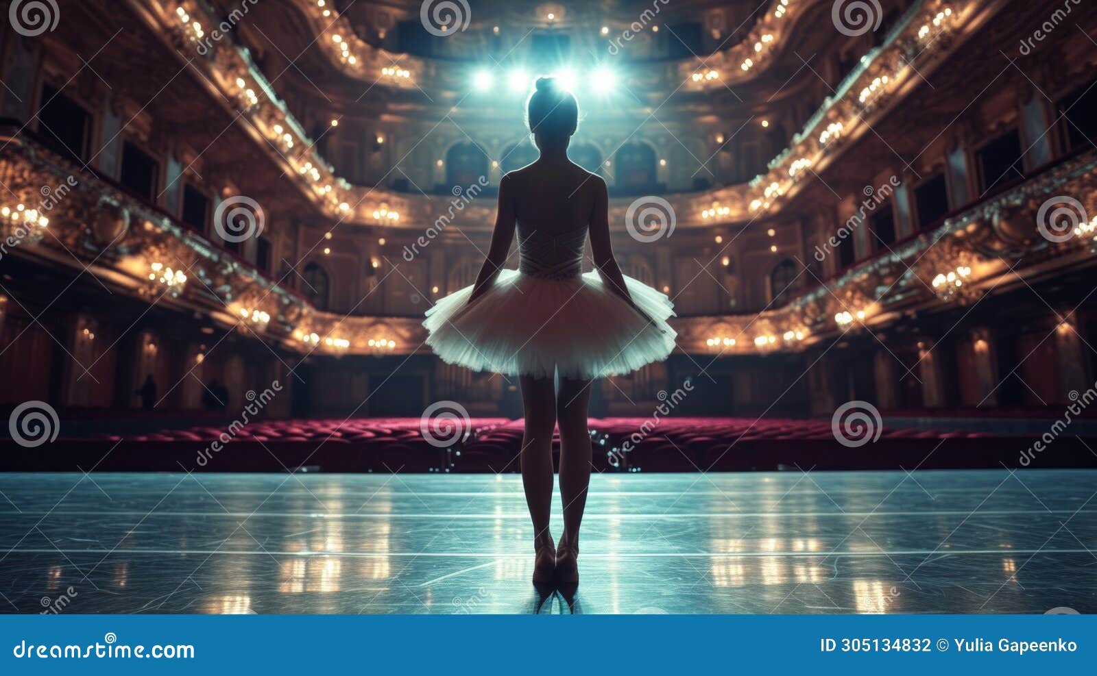 Lonely Ballerina Training Alone on the Stage of a Large Opera House in ...
