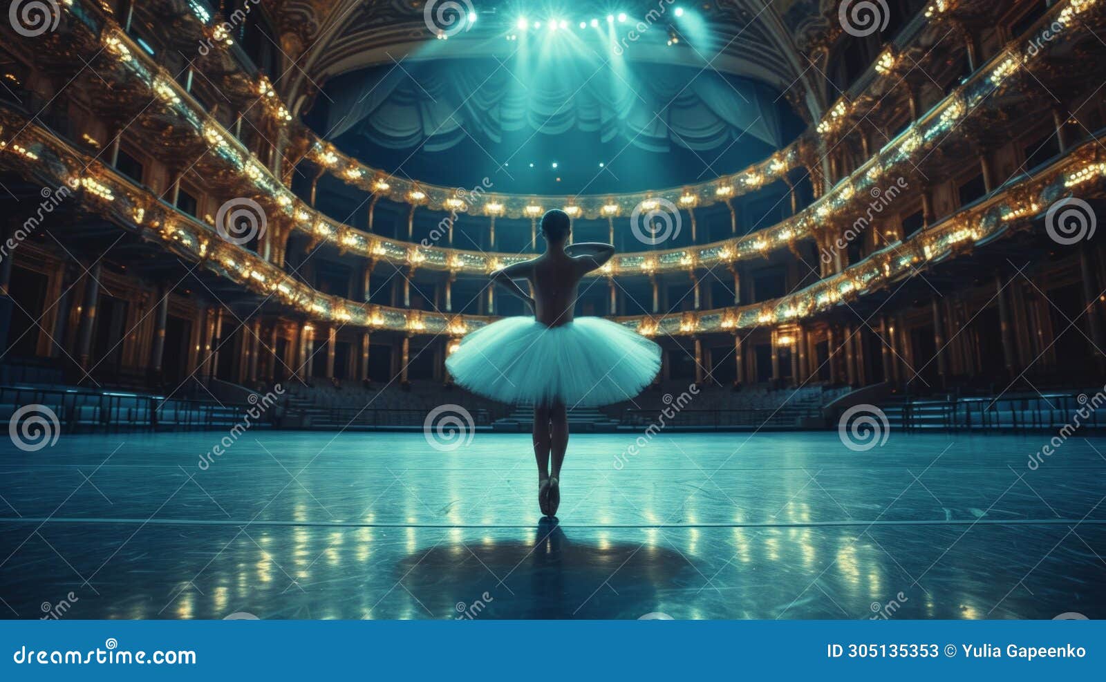 Lonely Ballerina Training Alone on the Stage of a Large Opera House in ...