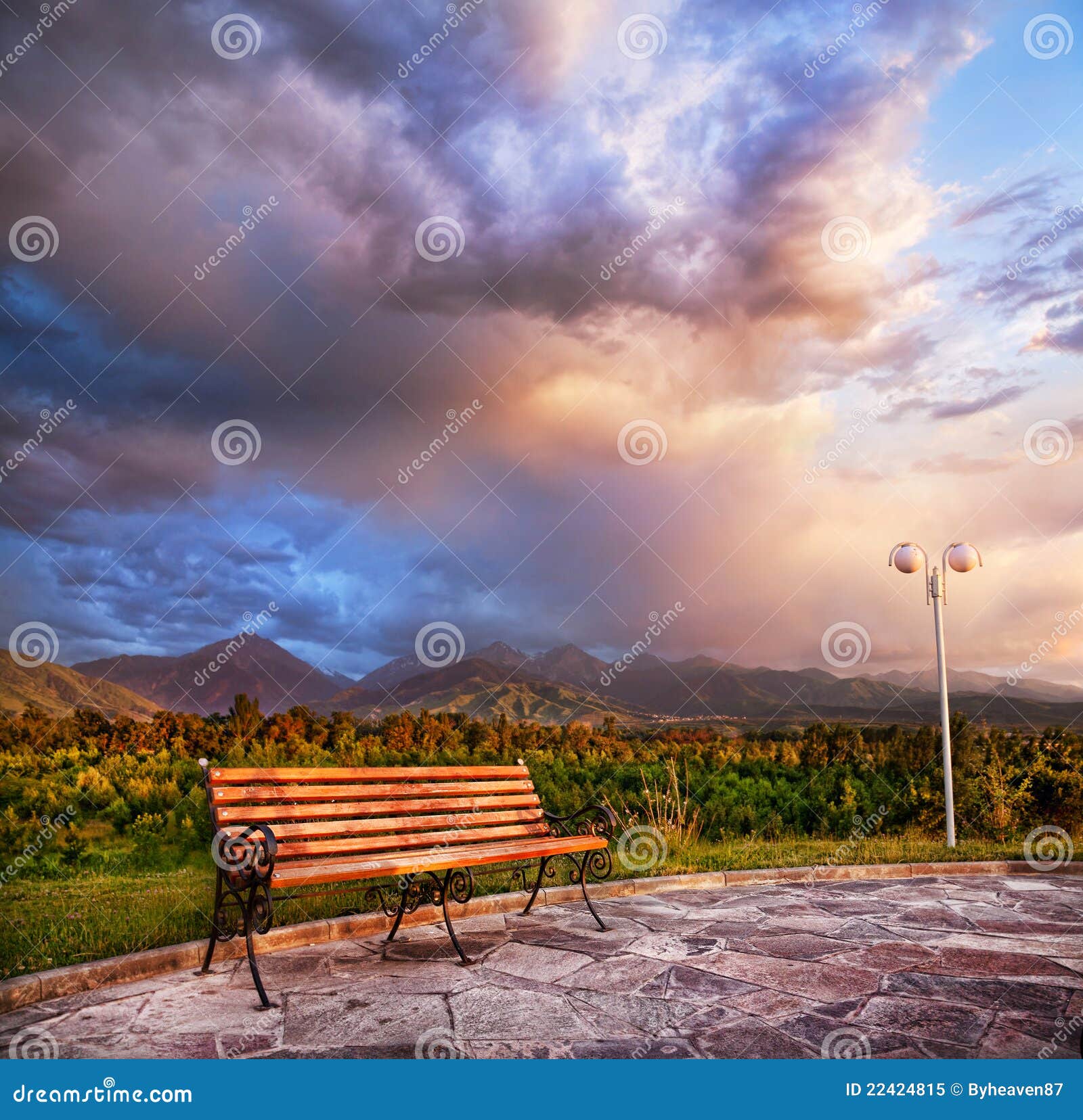 Lonely Bench and mountains stock image. Image of blue - 22424815