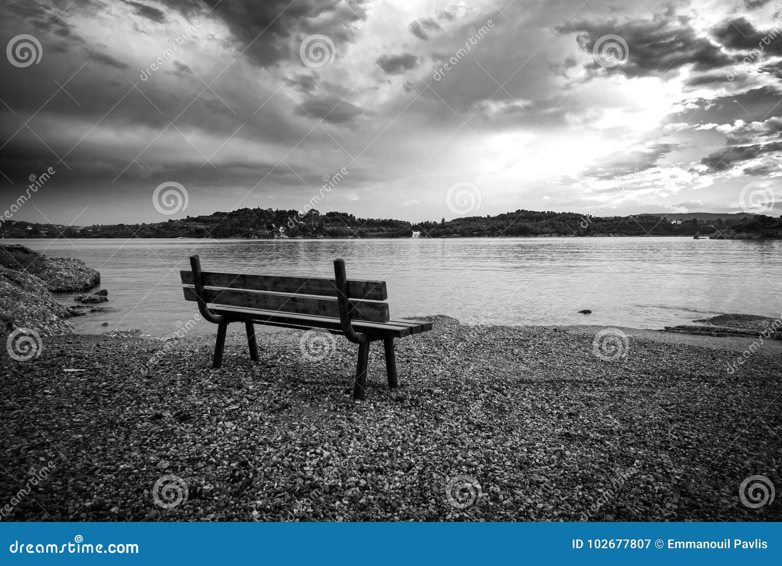 Lonely Bench on the Seafront Stock Image - Image of grayscale ...