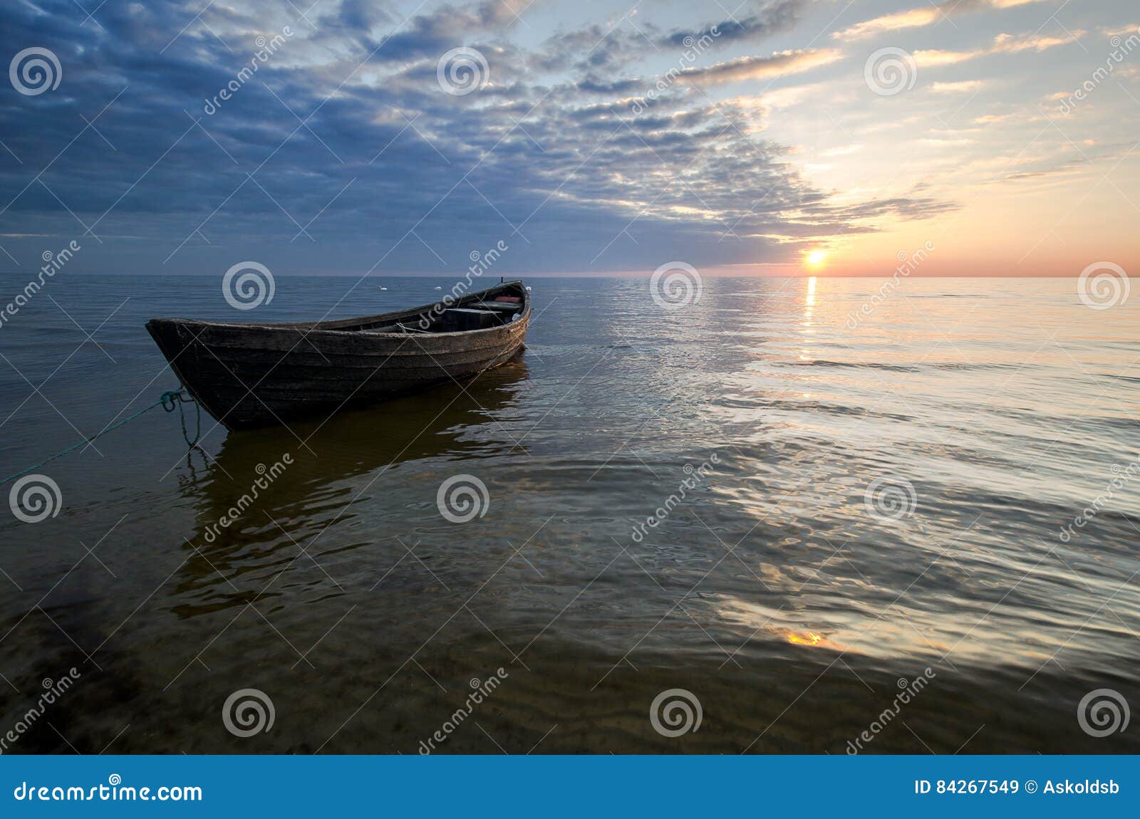 Lonely Boat on the Sea at Sunset. Stock Image - Image of lonely, marine ...