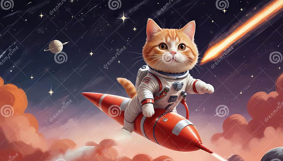 Lonely Brave Cat Flies on a Rocket into Space, Space Cat Stock Image ...