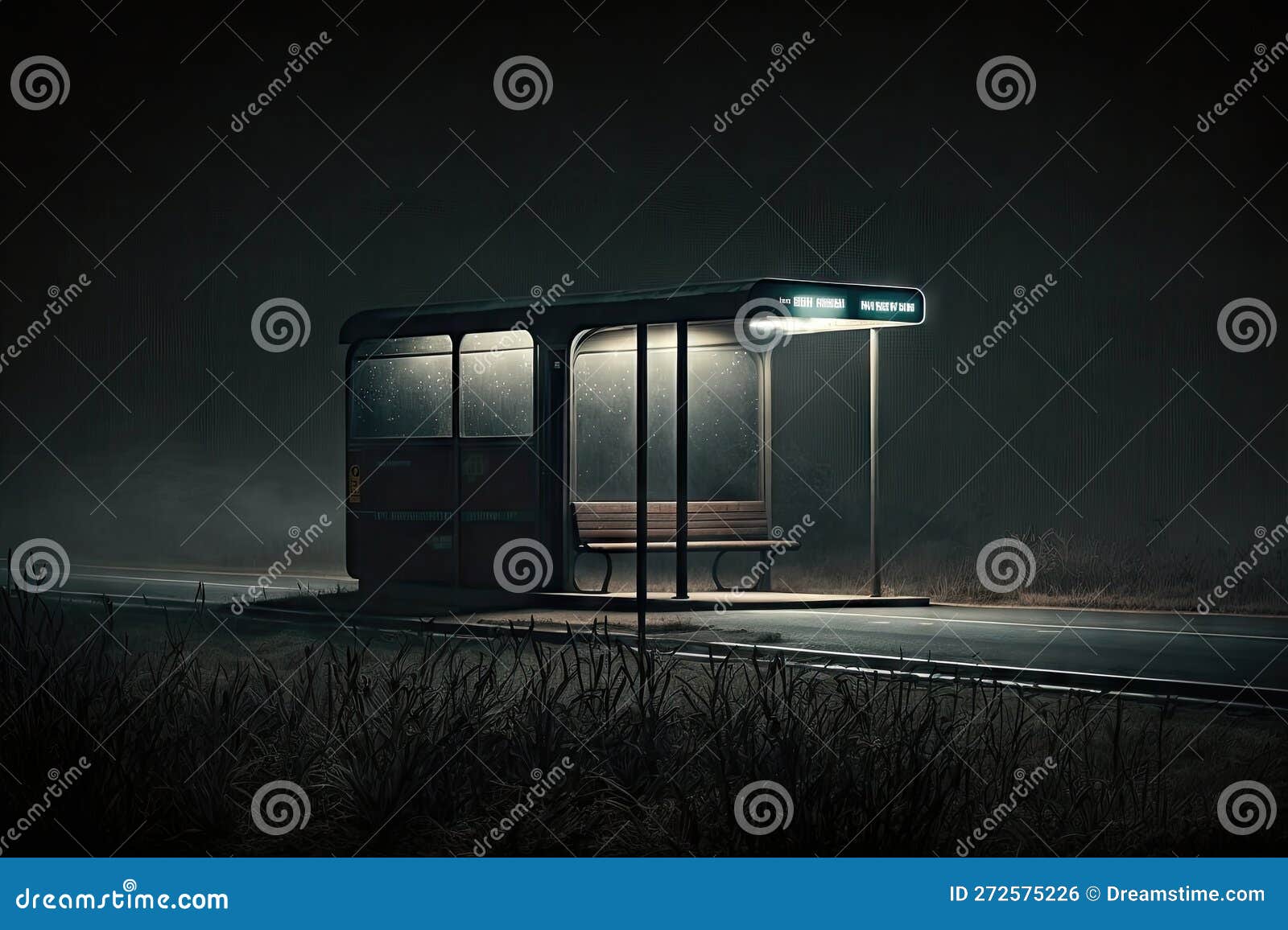 A Lonely Bus Stop with a Single Bench, Surrounded by Darkness and ...