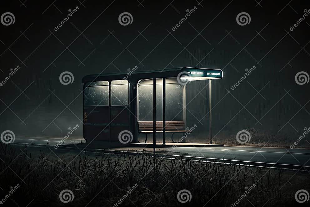 A Lonely Bus Stop with a Single Bench, Surrounded by Darkness and ...