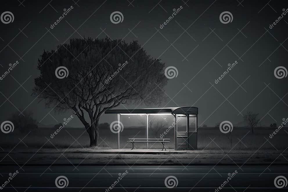 A Lonely Bus Stop with a Single Bench, Surrounded by Darkness and ...