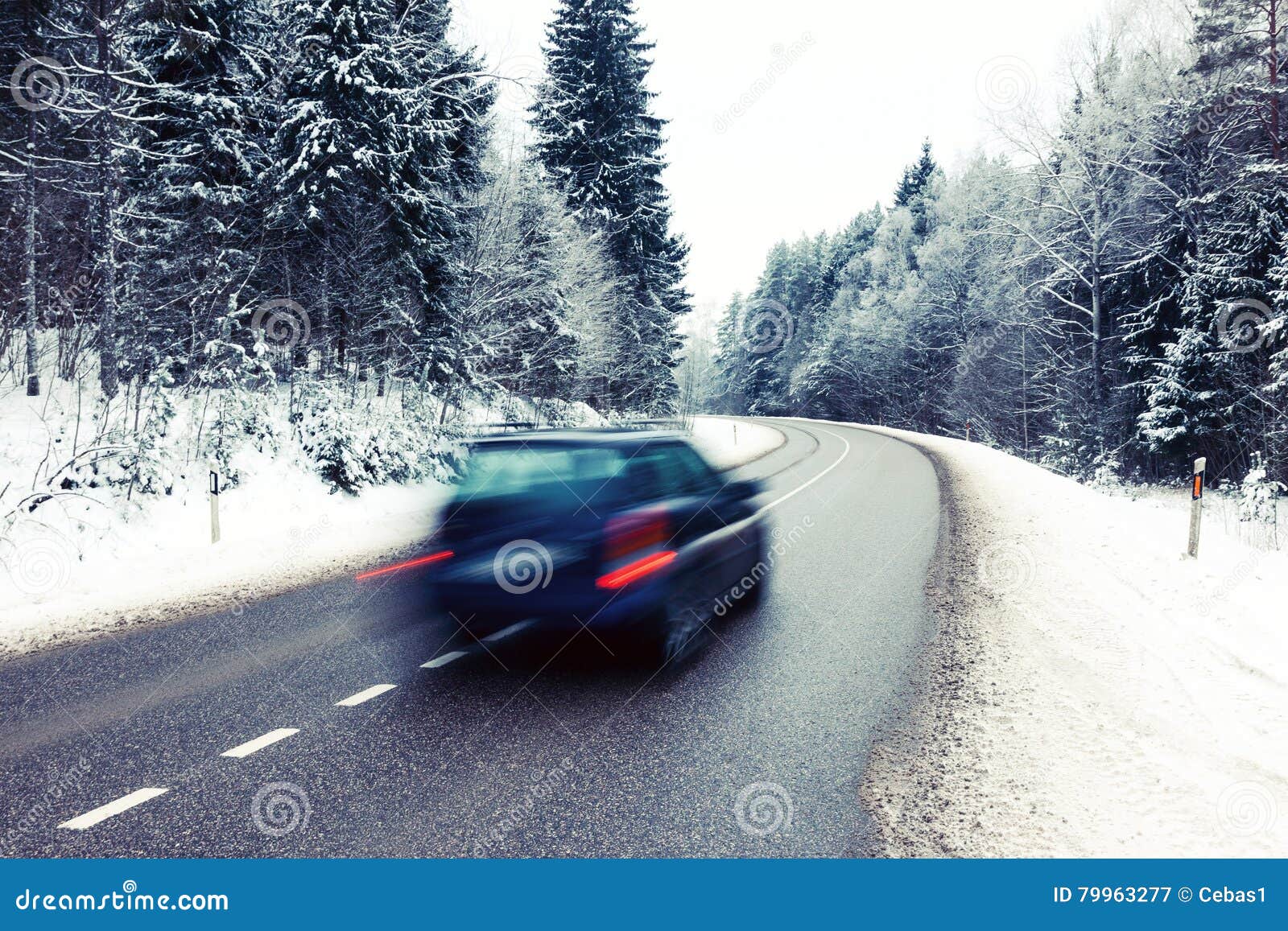 Lonely Car on the Road in Winter Landscape Stock Image - Image of ...