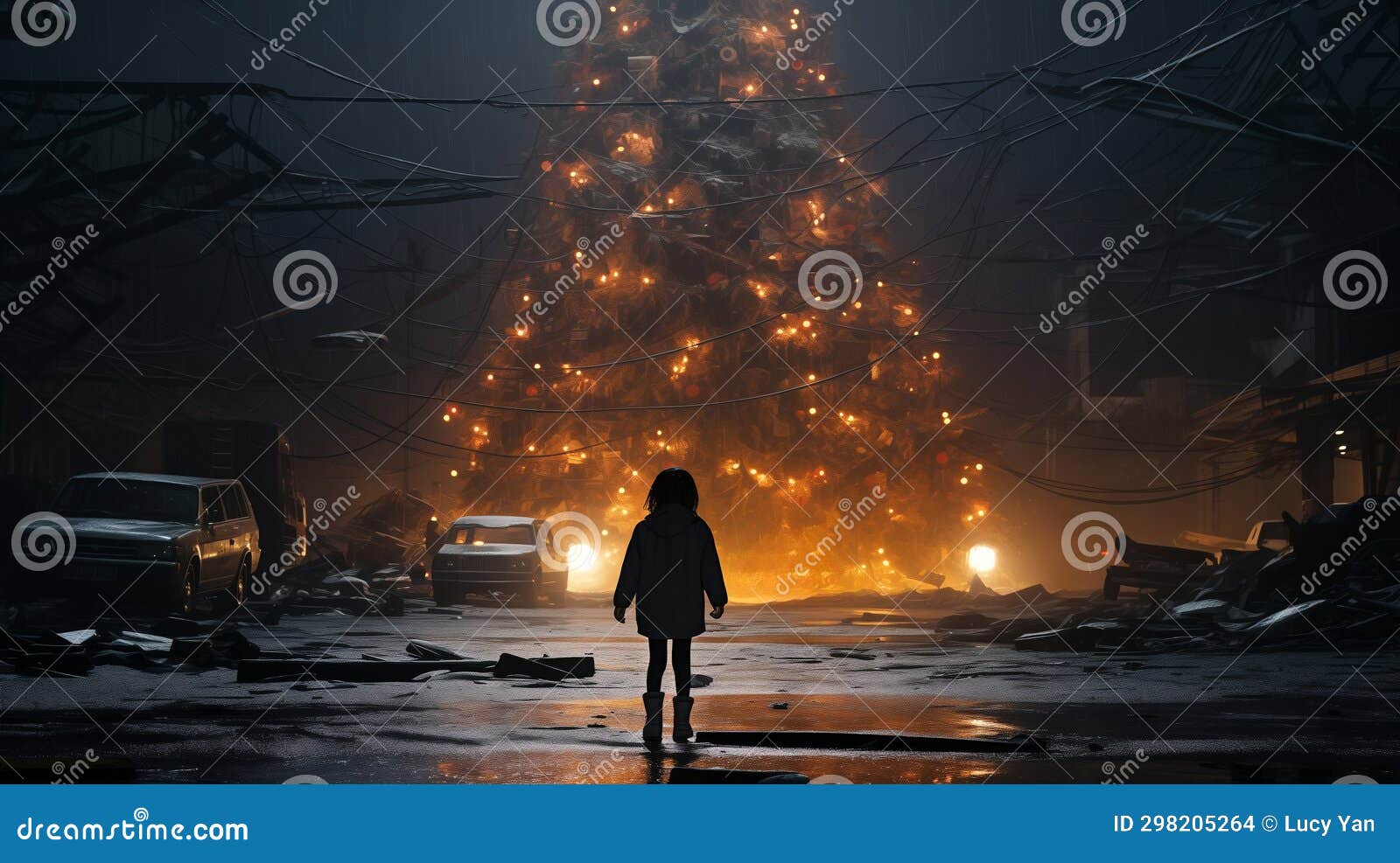 A Lonely Child Standing in Front of a Big Christmas Tree Which is ...