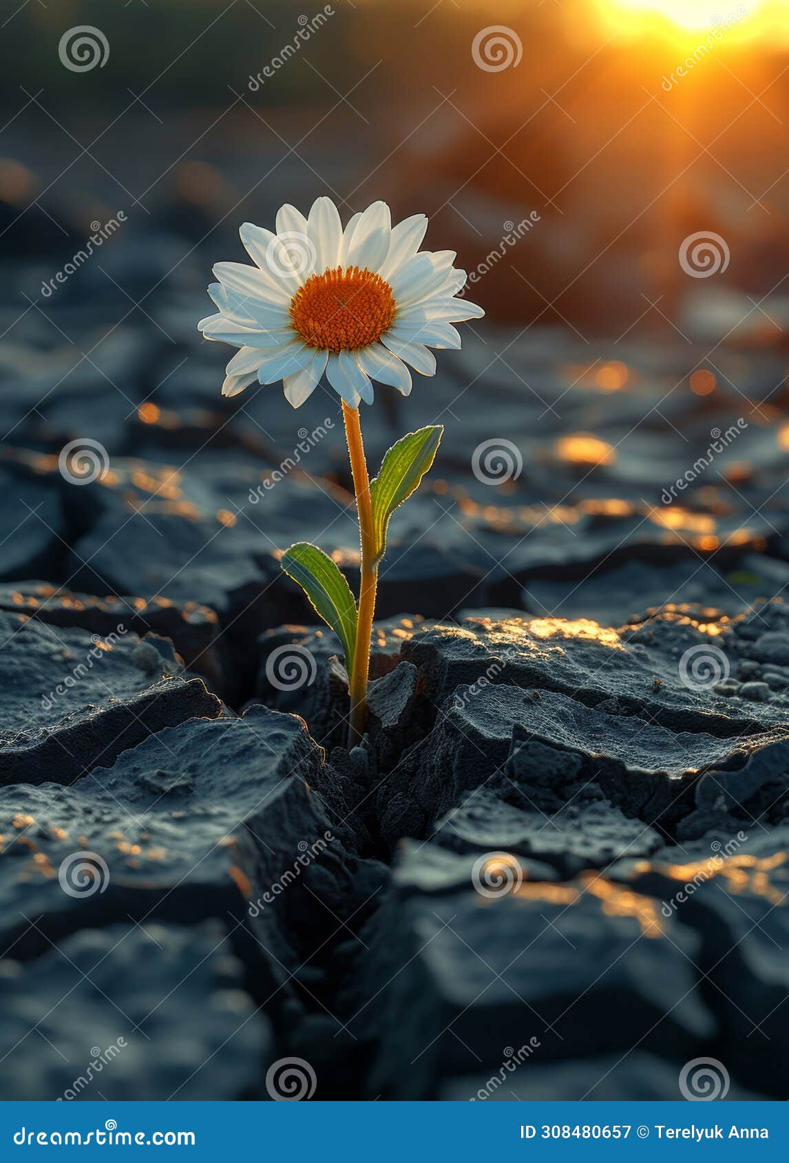 Lonely Daisy Grows in Dry Cracked Soil. Concept of Environmental ...