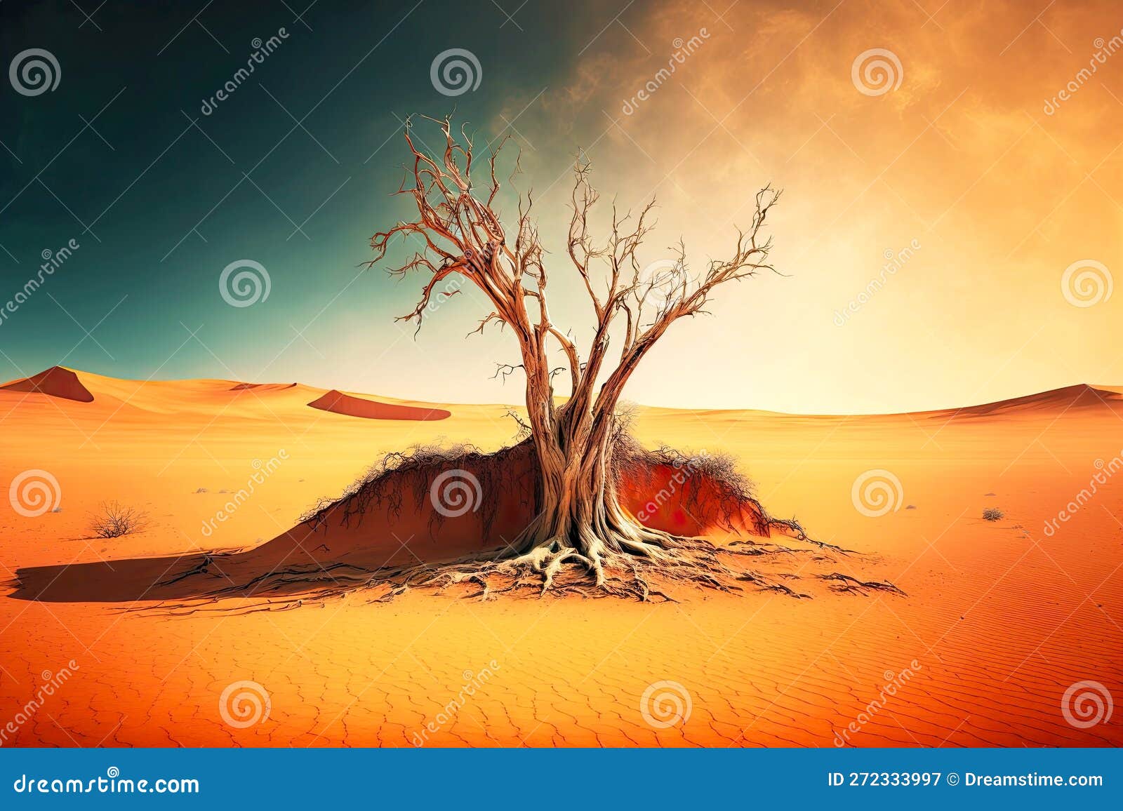 Lonely Dead Tree Covered with Layer of Sand and Dried Bushes Around in ...