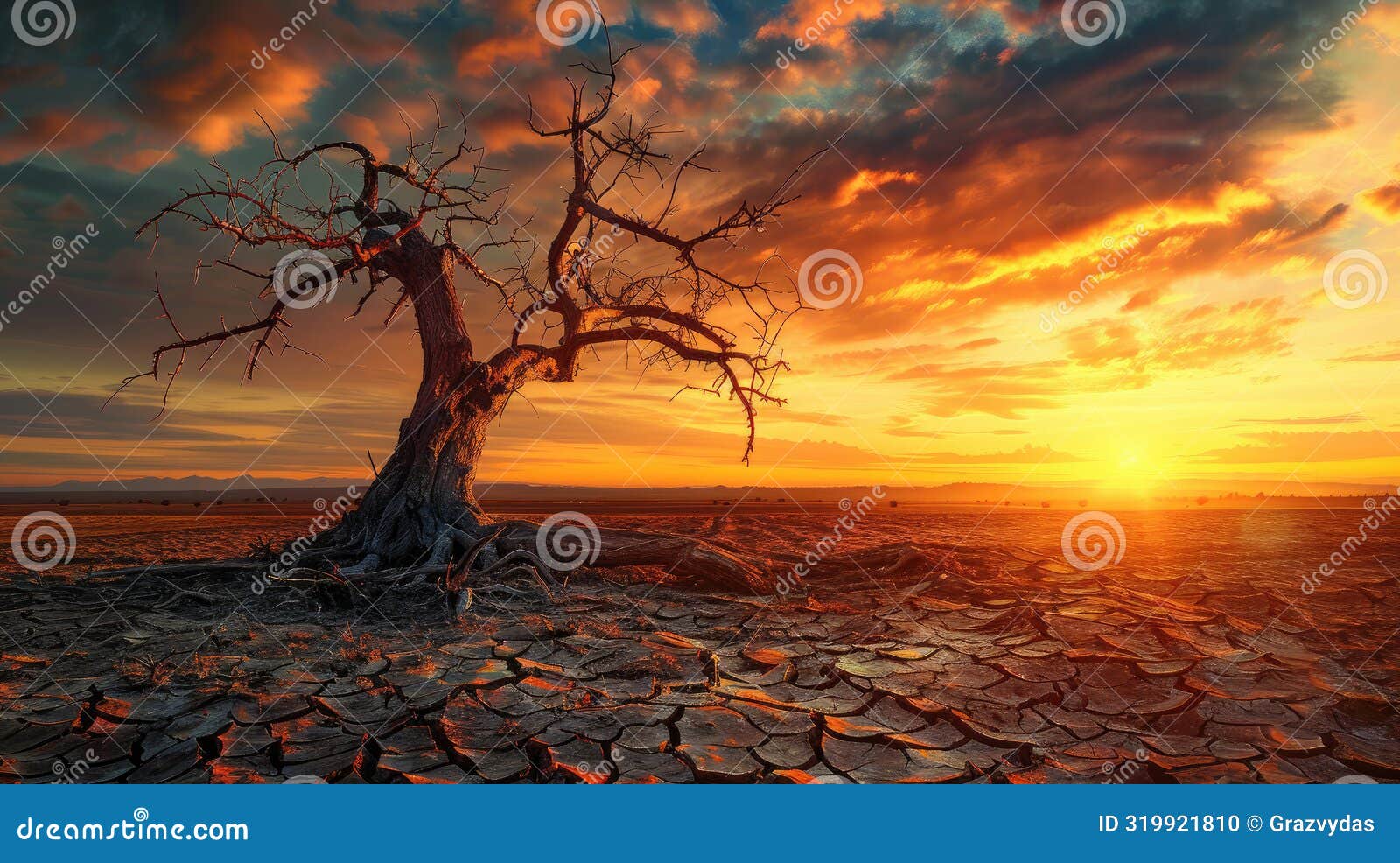 Lonely Dead Tree Under Dramatic Sunset Sky at Drought Cracked Desert ...