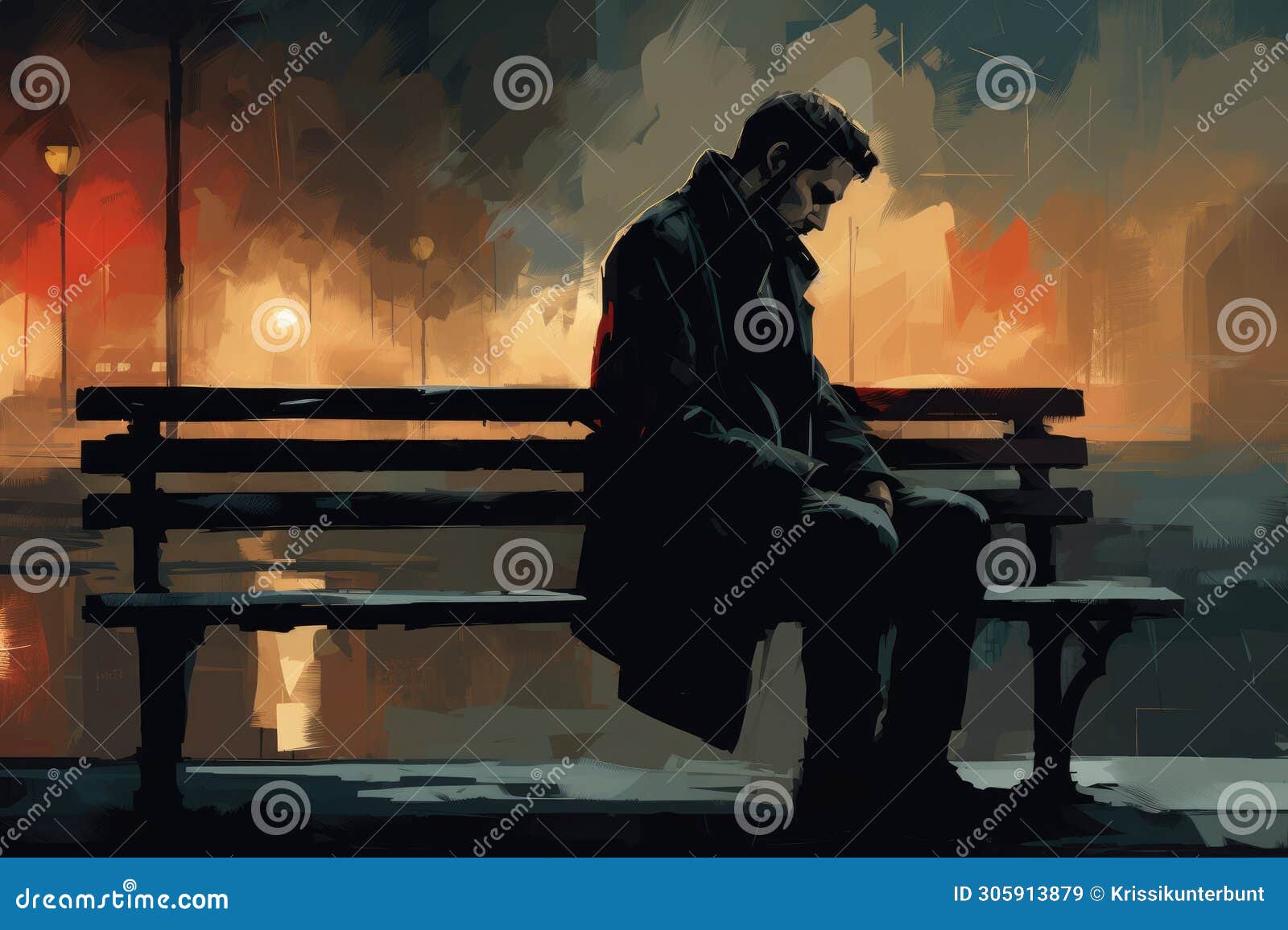 Lonely Depressed Man Sit on Bench AI Generated Stock Illustration ...