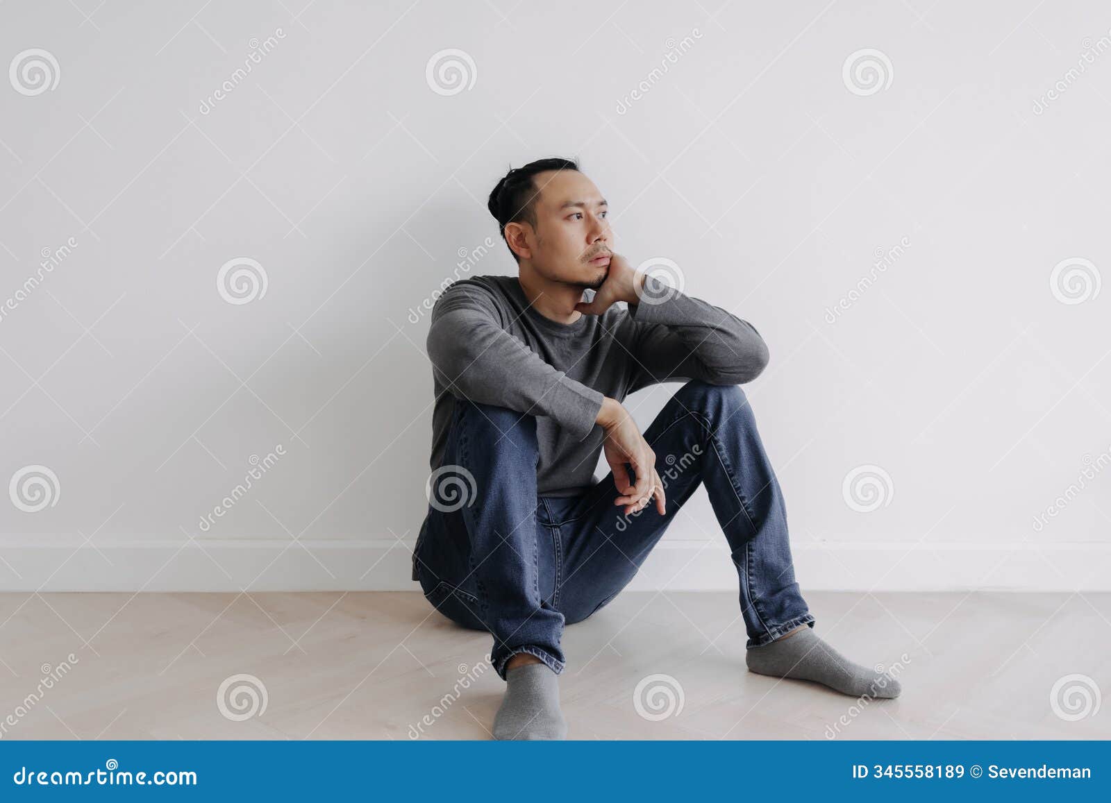 Lonely Freelance Creative Man Sitting Alone in Empty White Room. Stock ...
